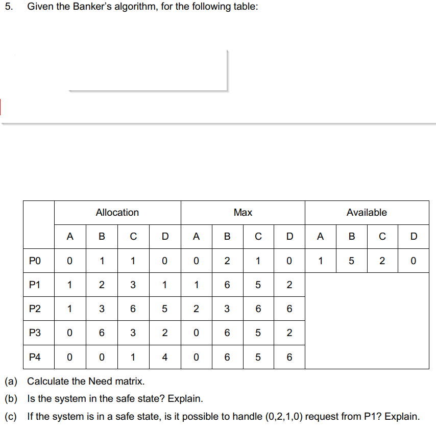 Solved 5. Given the Banker's algorithm, for the following | Chegg.com