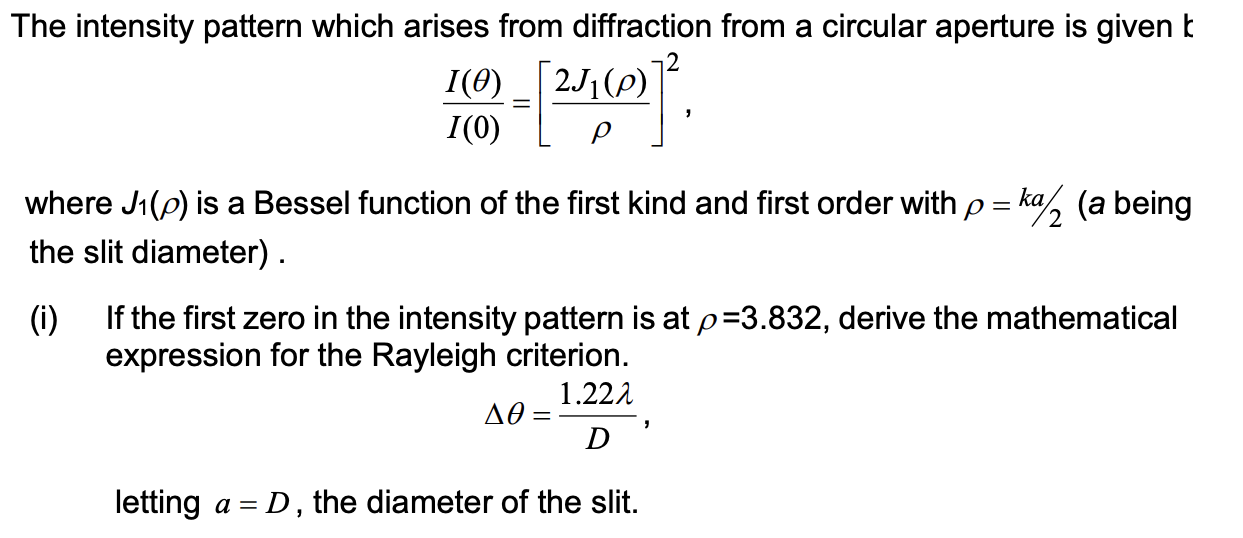 Solved I(0)I(θ)=[ρ2J1(ρ)]2 where J1(ρ) is a Bessel function | Chegg.com