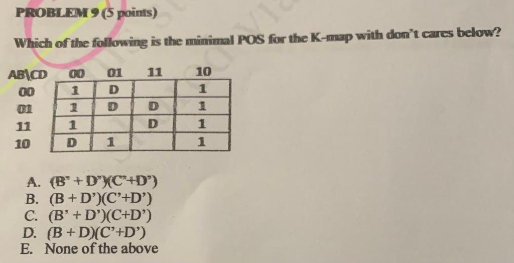 Solved PROBLEM 10 (5 points) Find the minimal SOP expression | Chegg.com