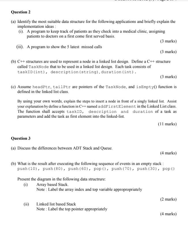 Solved (a) Define Abstract Data Type (3 marks) (b) Discuss | Chegg.com