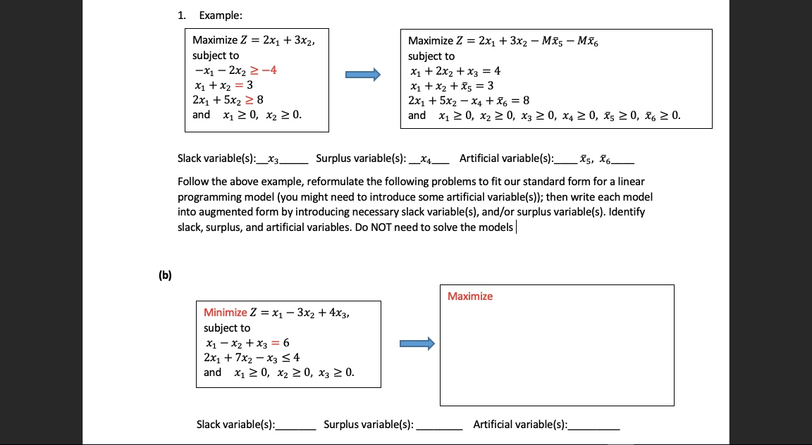 Solved 1. Example: Maximize Z = 2x1 + 3x2, subject to -X1 - | Chegg.com