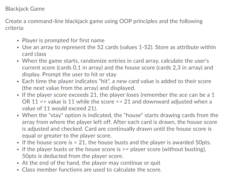 Solved Blackjack Game Create a command-line blackjack game | Chegg.com
