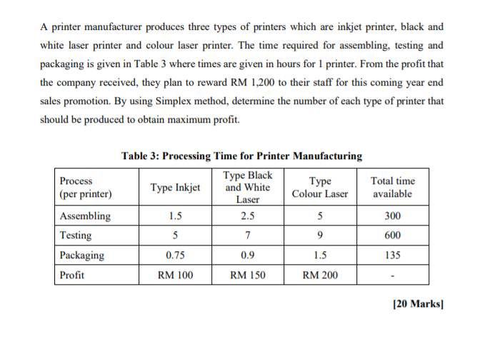 Solved A printer manufacturer produces three types of | Chegg.com