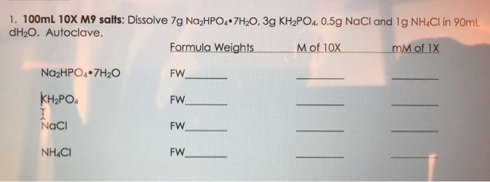Solved 1. 100mL 10X M9 salts: Dissolve 7g Na2HPO. 7H2O, 3g | Chegg.com