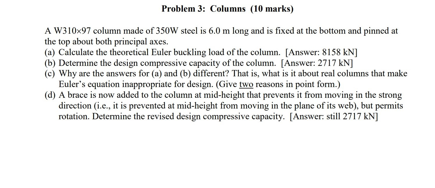 Solved Problem 3: Columns (10 marks) A W310x97 column made | Chegg.com
