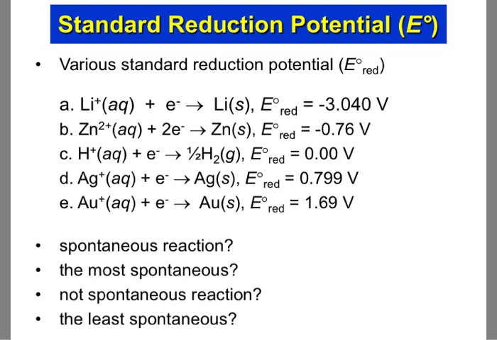 Solved Standard Reduction Potential (E°) .Various standard | Chegg.com