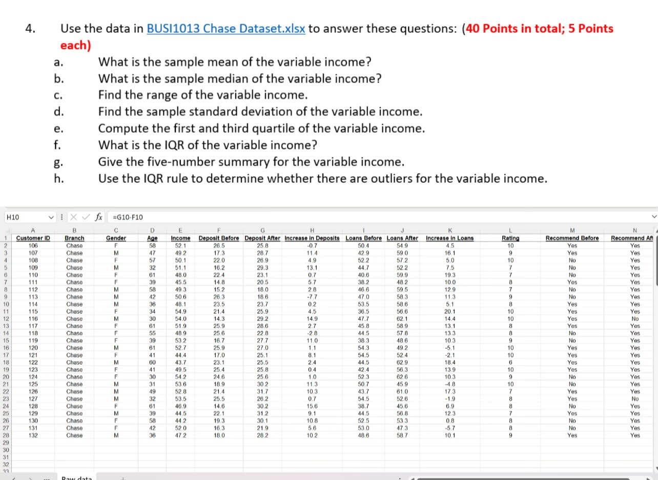 Solved Use the data in BUSI1013 ﻿Chase Dataset.xlsx to | Chegg.com
