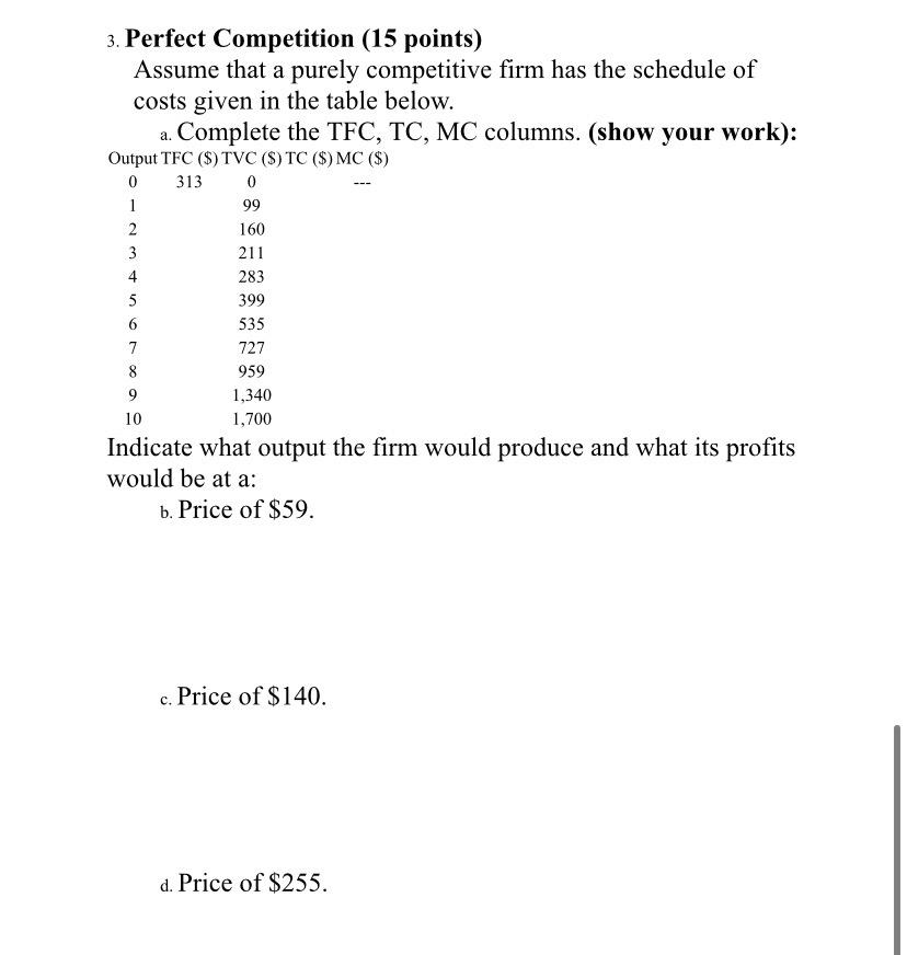 Solved 3. Perfect Competition (15 points) Assume that a | Chegg.com