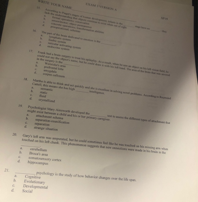 Solved EXAM 3 VERSION A WRITE YOUR NAME SPI9 1s lack the | Chegg.com