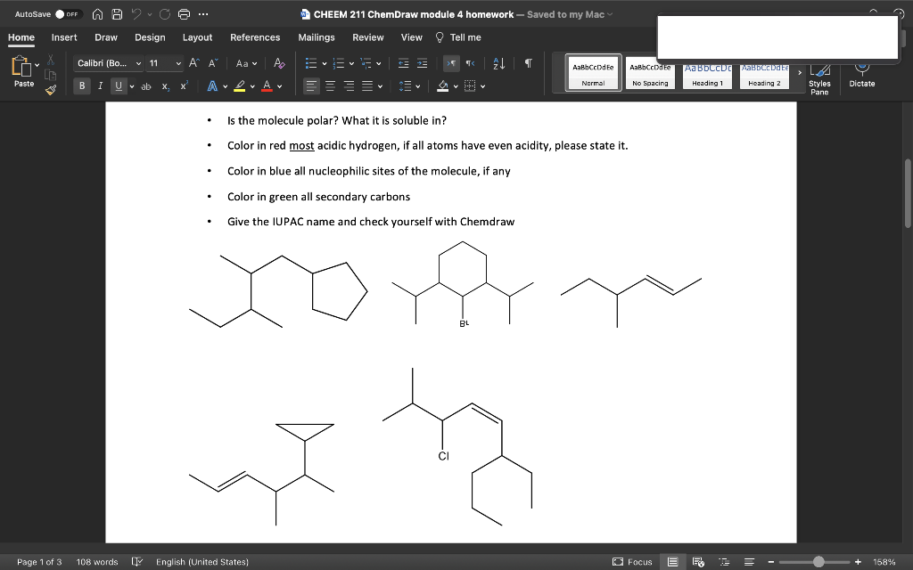 Solved AutoSave OFF BRE avo CHEEM 211 ChemDraw module 4 | Chegg.com