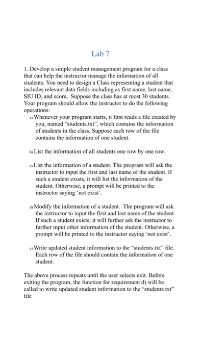 Solved Lab 7 1. Develop a simple student management program | Chegg.com