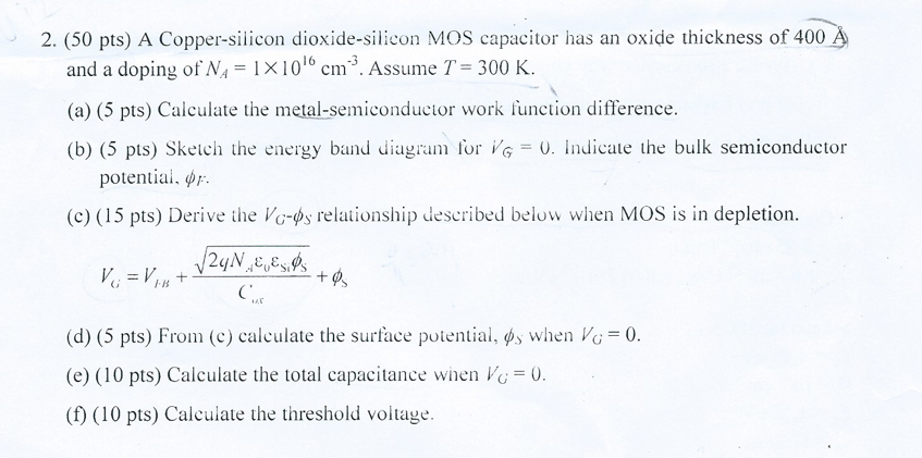 Solved 2. (50 pts) A Copper-silicon dioxide-silicon MOS | Chegg.com