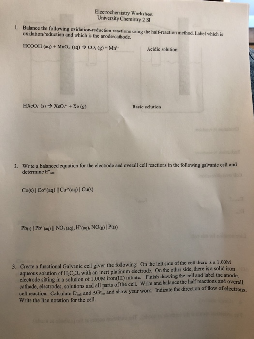Solved Electrochemistry Worksheet University Chemistry 2 S | Chegg.com