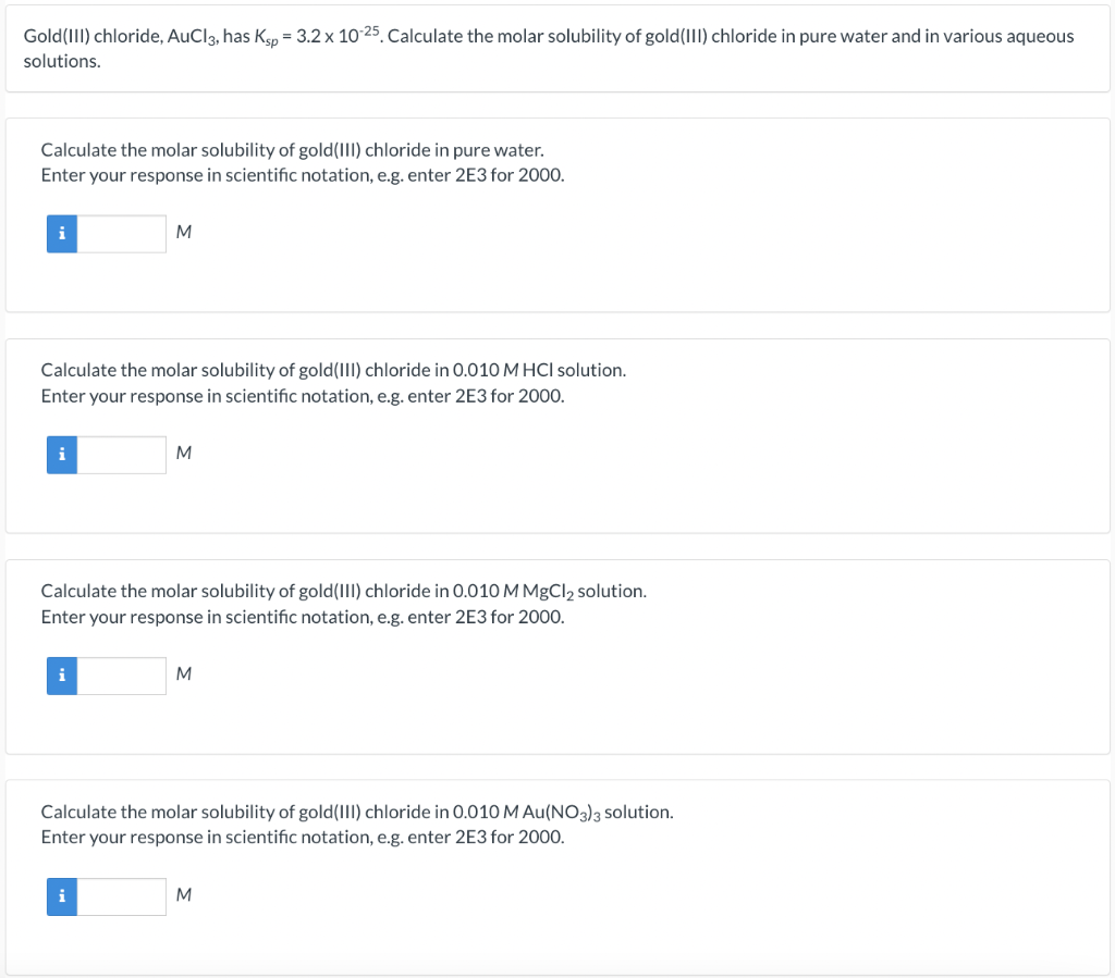 Solved Gold(III) chloride, AuCl3, has Ksp = 3.2 x 10-25. | Chegg.com