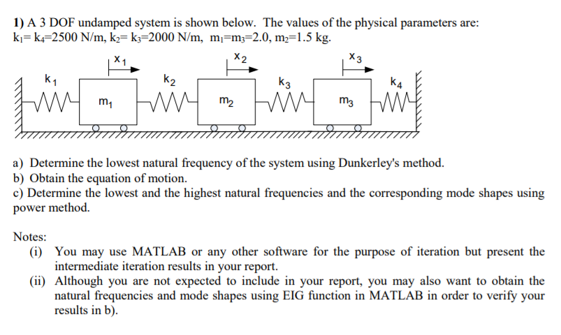 1) A 3 DOF undamped system is shown below. The values | Chegg.com