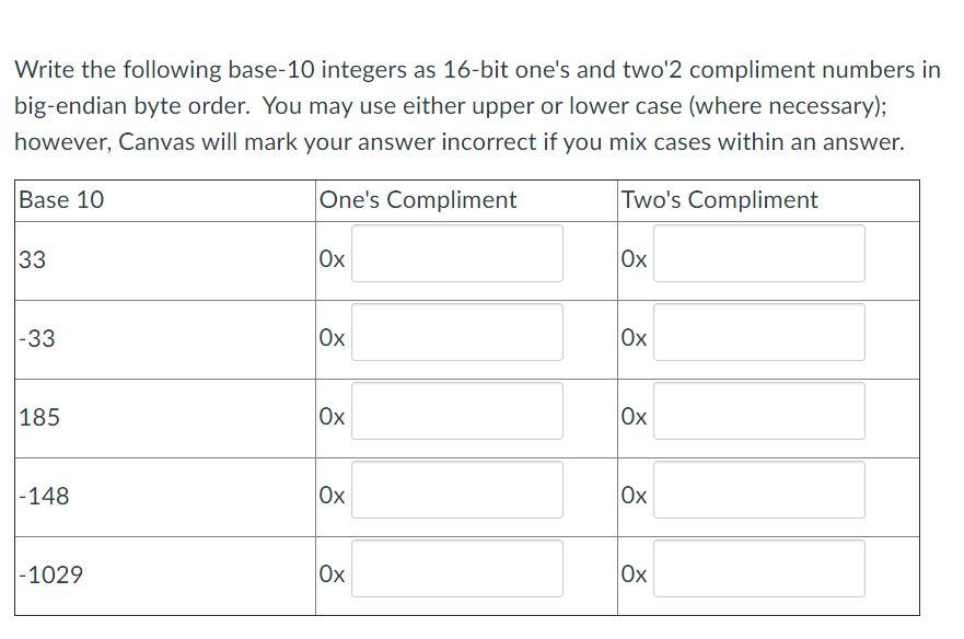 Solved Write the following base-10 integers as 16-bit one's | Chegg.com