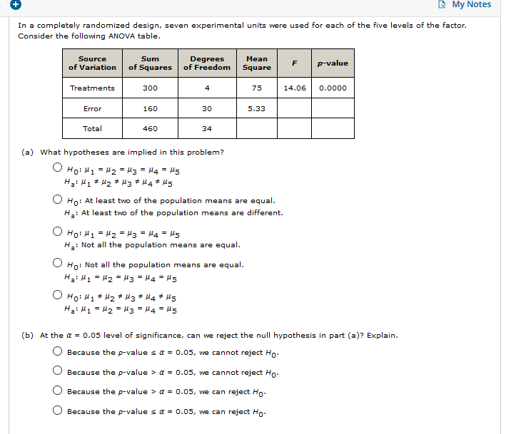 Solved My Notes In a completely randomized design, seven | Chegg.com