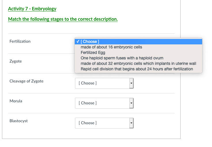 Solved Activity 7 - Embryology Match the following stages to | Chegg.com
