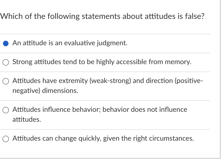 Solved Which of the following statements about attitudes is | Chegg.com