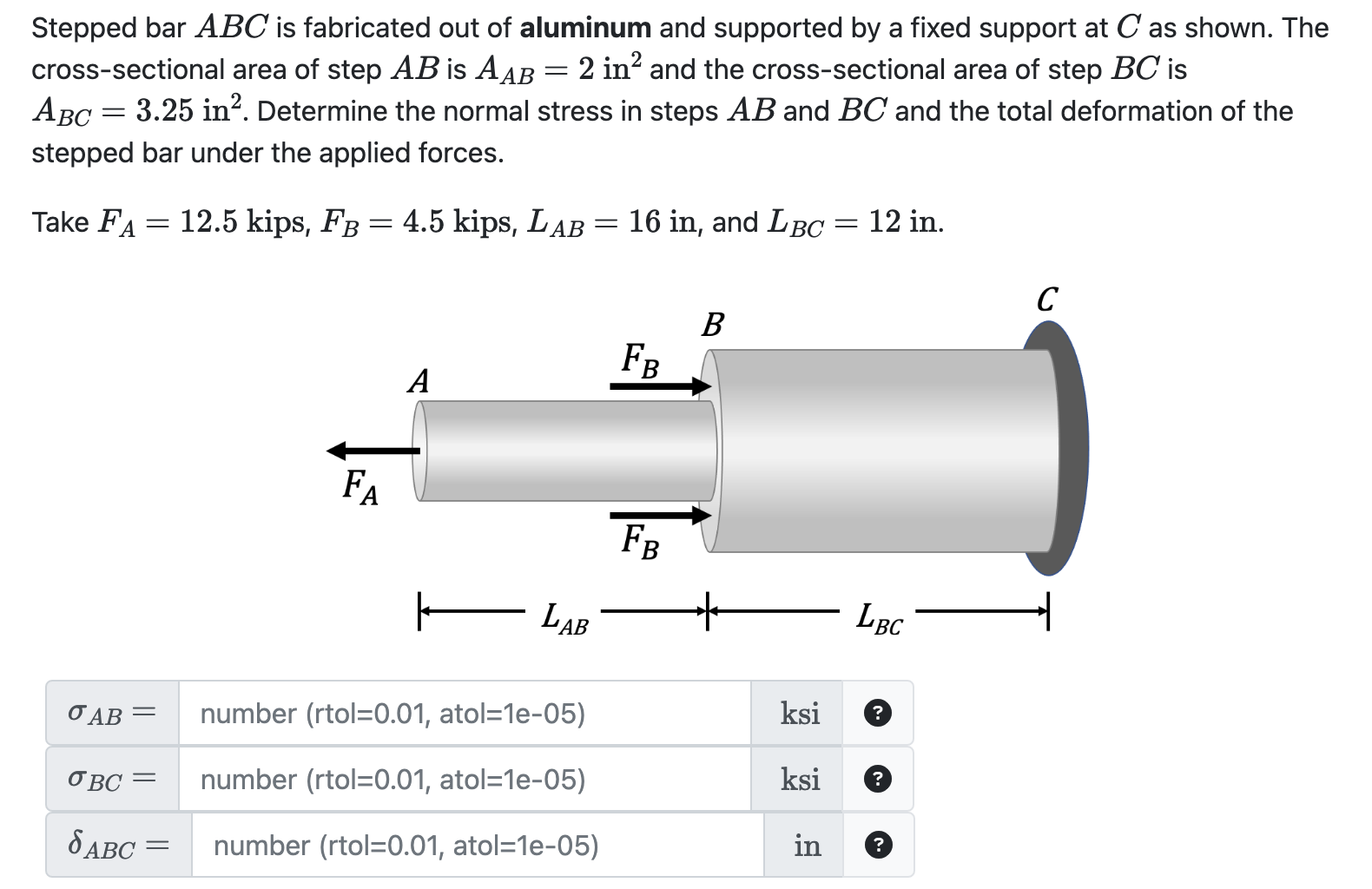 Solved Stepped bar ABC is fabricated out of aluminum and | Chegg.com