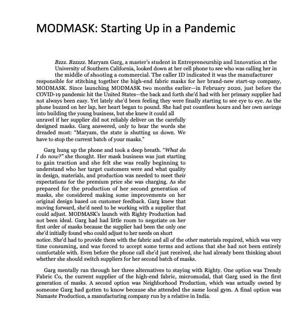 MODMASK: Starting Up in a Pandemic Bzzz. Bzzzzz. | Chegg.com