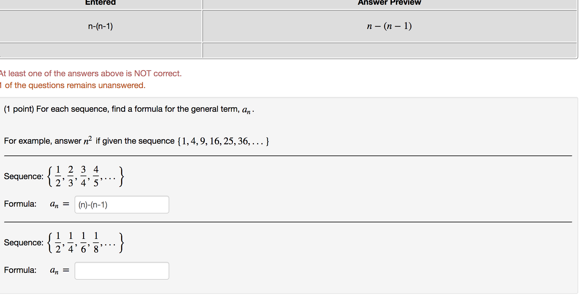 Solved Entered Answer Preview n-(n-1) n- (n − 1) At least | Chegg.com