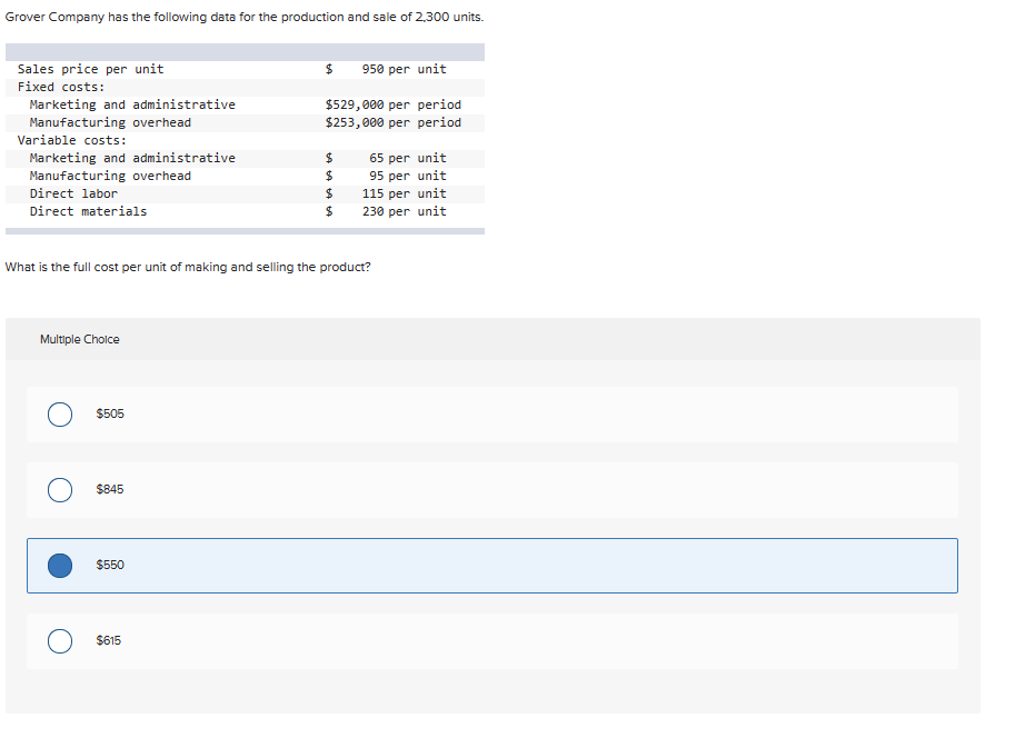 Solved Grover Company has the following data for the | Chegg.com