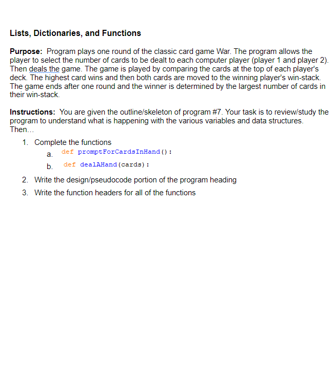 Solved Lists, Dictionaries, and Functions Purpose: Program | Chegg.com