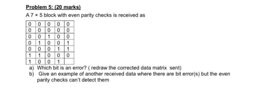 Solved Problem 5: (20 marks) A 7×5 block with even parity | Chegg.com