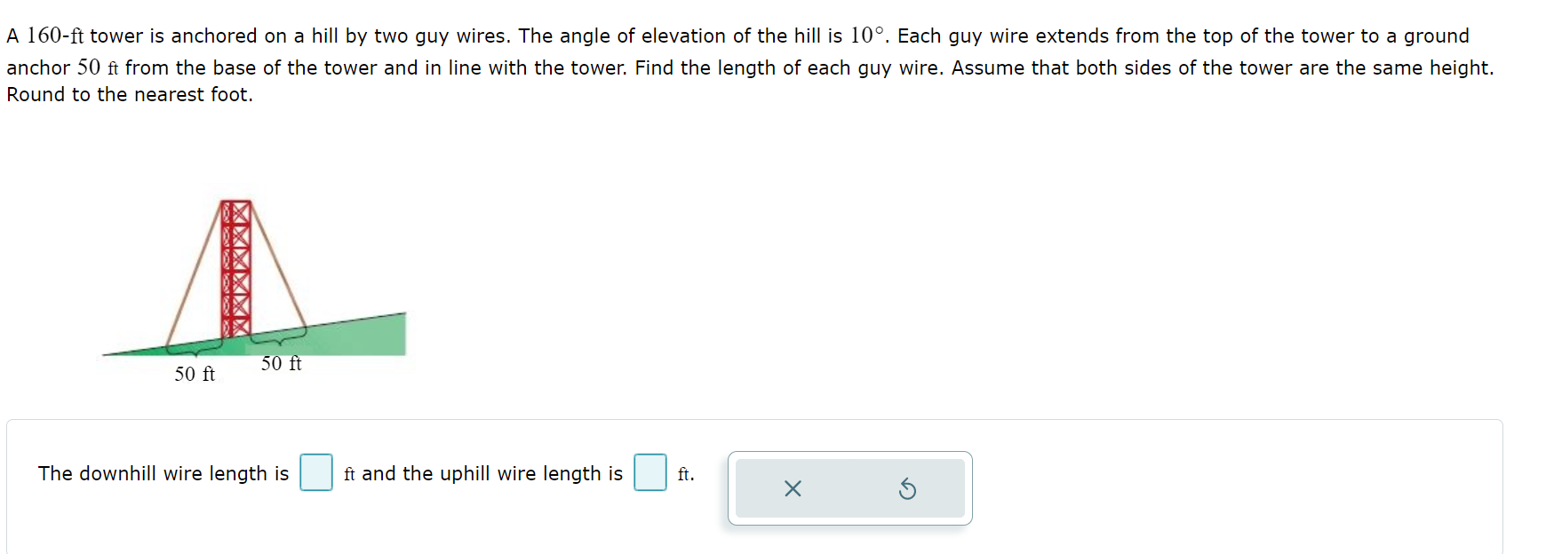 Solved A 160-ft tower is anchored on a hill by two guy | Chegg.com
