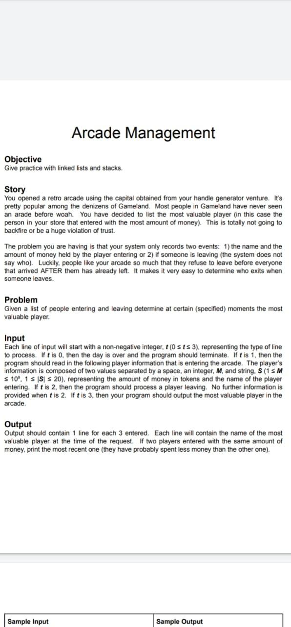 Arcade Management Objective Give practice with linked | Chegg.com