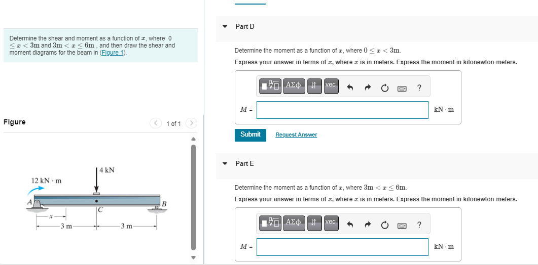 Determine the shear and moment as a function of x, | Chegg.com