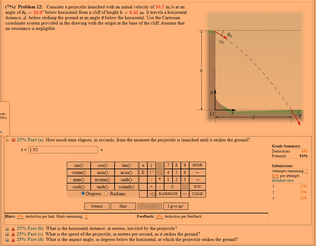 Solved (7\%) Problem 12: Consider a projectile launched with | Chegg.com