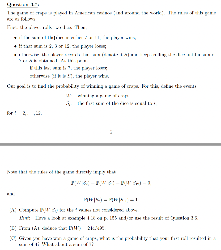 Question 3.7: The game of craps is played in American | Chegg.com