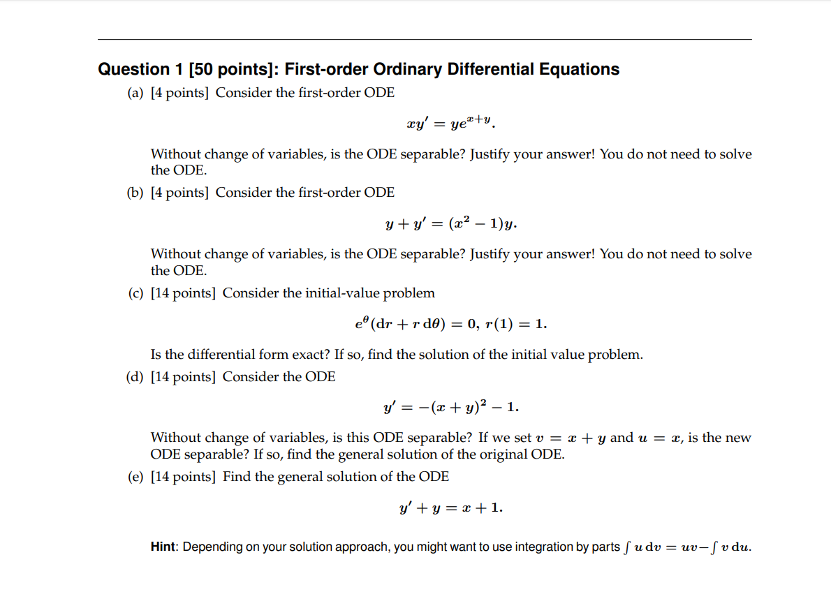Solved Question 1 [50 points]: First-order Ordinary | Chegg.com