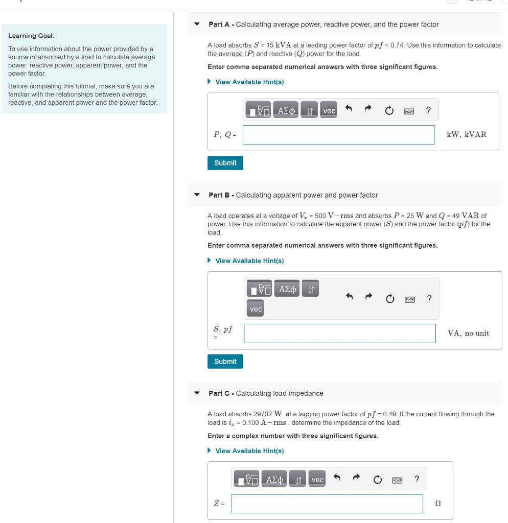 Solved Part A Calculating average power, reactive power, and | Chegg.com