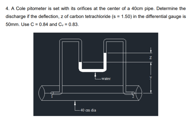 Solved 4. A Cole pitometer is set with its orifices at the | Chegg.com
