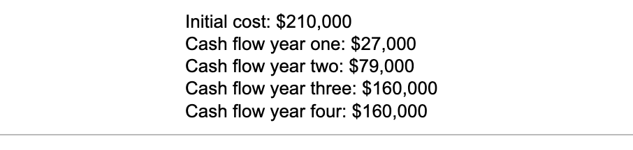 Solved Initial cost: $210,000 Cash flow year one: $27,000 | Chegg.com