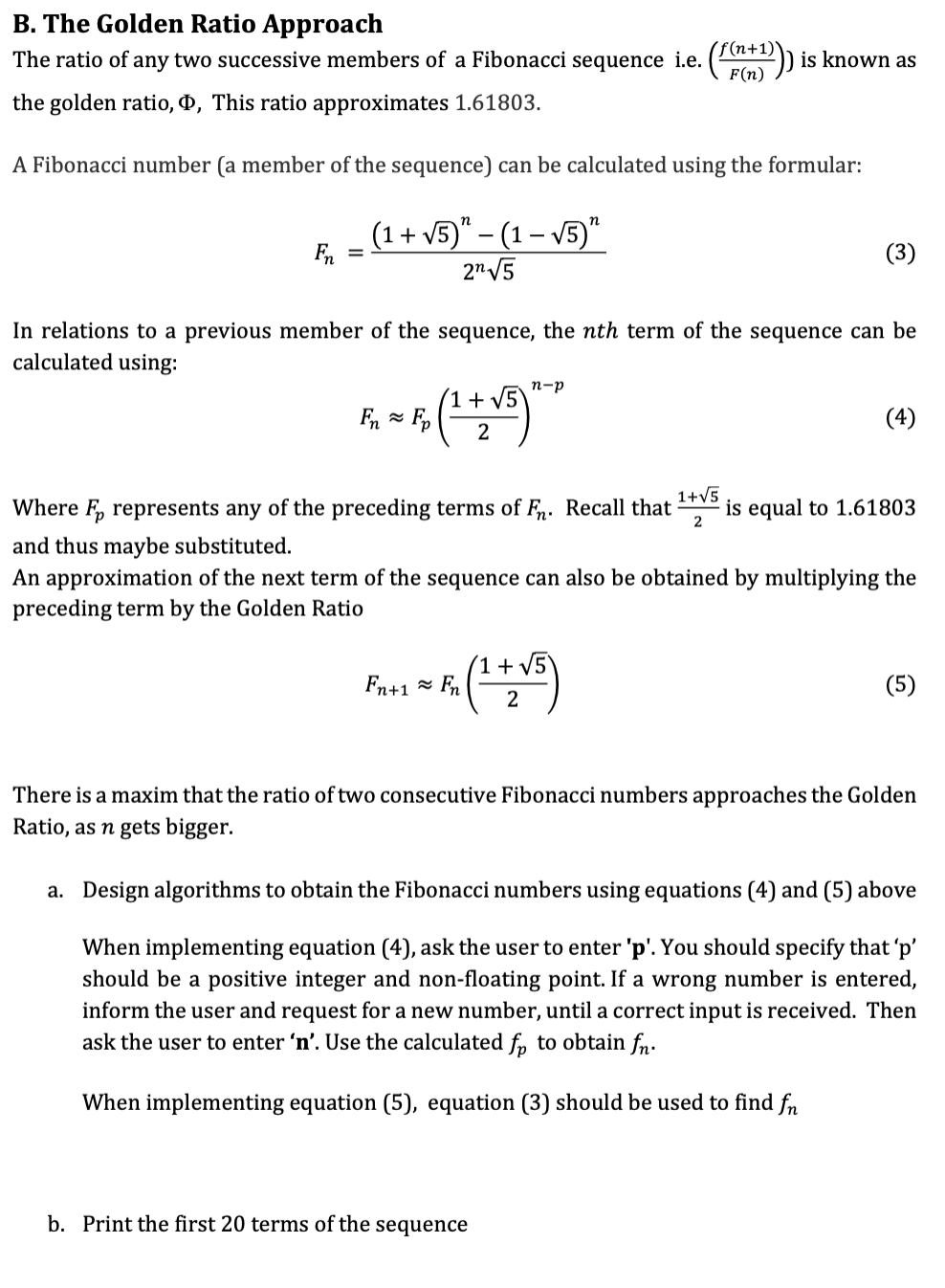 Solved B. The Golden Ratio Approach The ratio of any two | Chegg.com