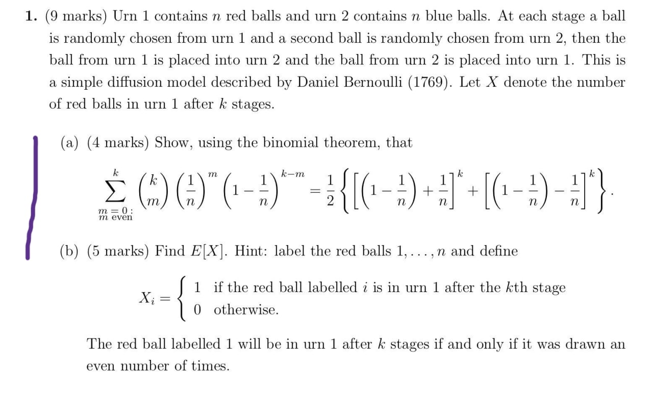 Solved 1. (9 marks) Urn 1 contains n red balls and urn 2 | Chegg.com