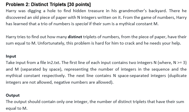 Solved Problem 2: Distinct Triplets [ 30 points] Harry was | Chegg.com