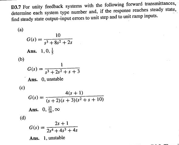 Solved D3.7 ﻿For unity feedback systems with the following | Chegg.com