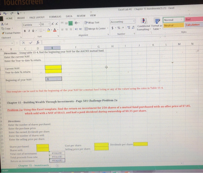 Solved ouchscreen Excel Lab #2-Chapter 15 Investments(1) | Chegg.com