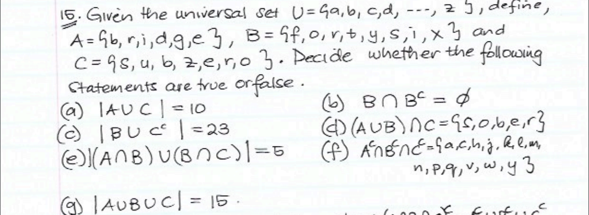 Solved 15. Given the universal set U={a,b,c,d,…,z}, define, | Chegg.com