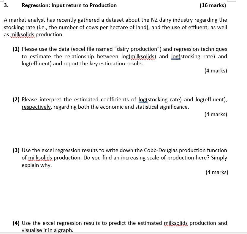 3. Regression: Input return to Production (16 marks) | Chegg.com