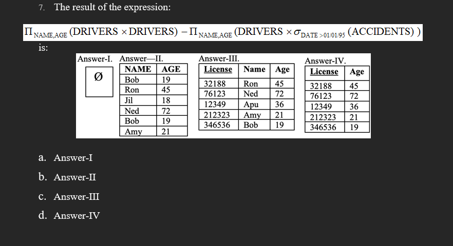 Solved 7. The result of the expression: Π. NAME AGE (DRIVERS | Chegg.com