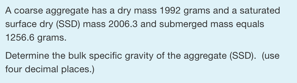 Solved A coarse aggregate has a dry mass 1992 grams and a | Chegg.com