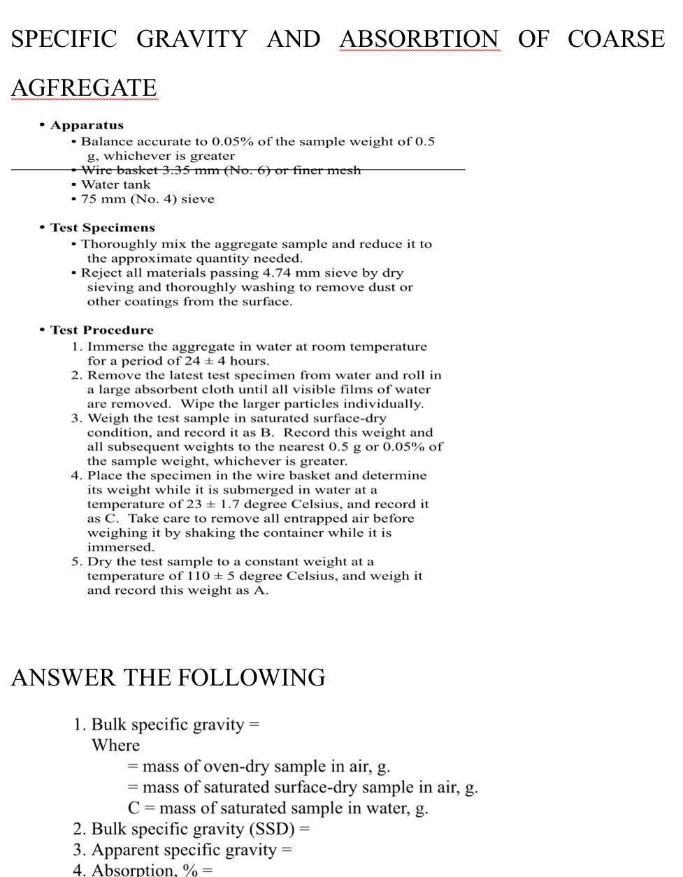 Solved SPECIFIC GRAVITY AND ABSORBTION OF COARSE AGFREGATE • | Chegg.com