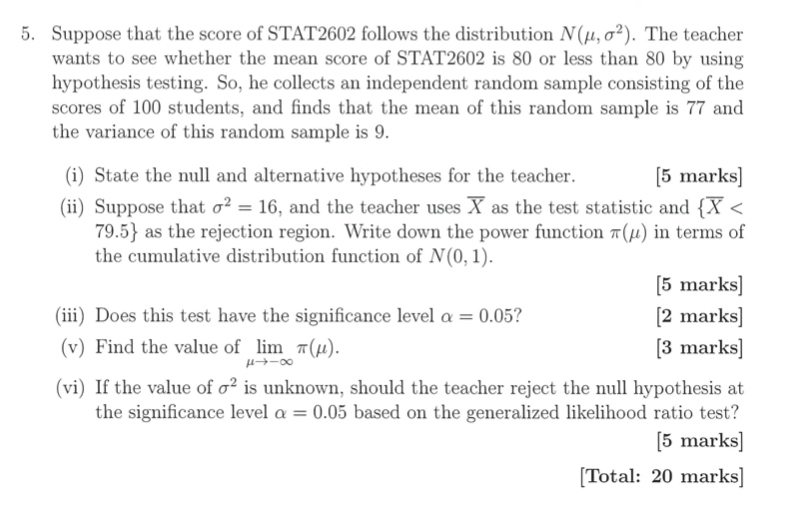 Solved Suppose that the score of STAT2602 follows the | Chegg.com