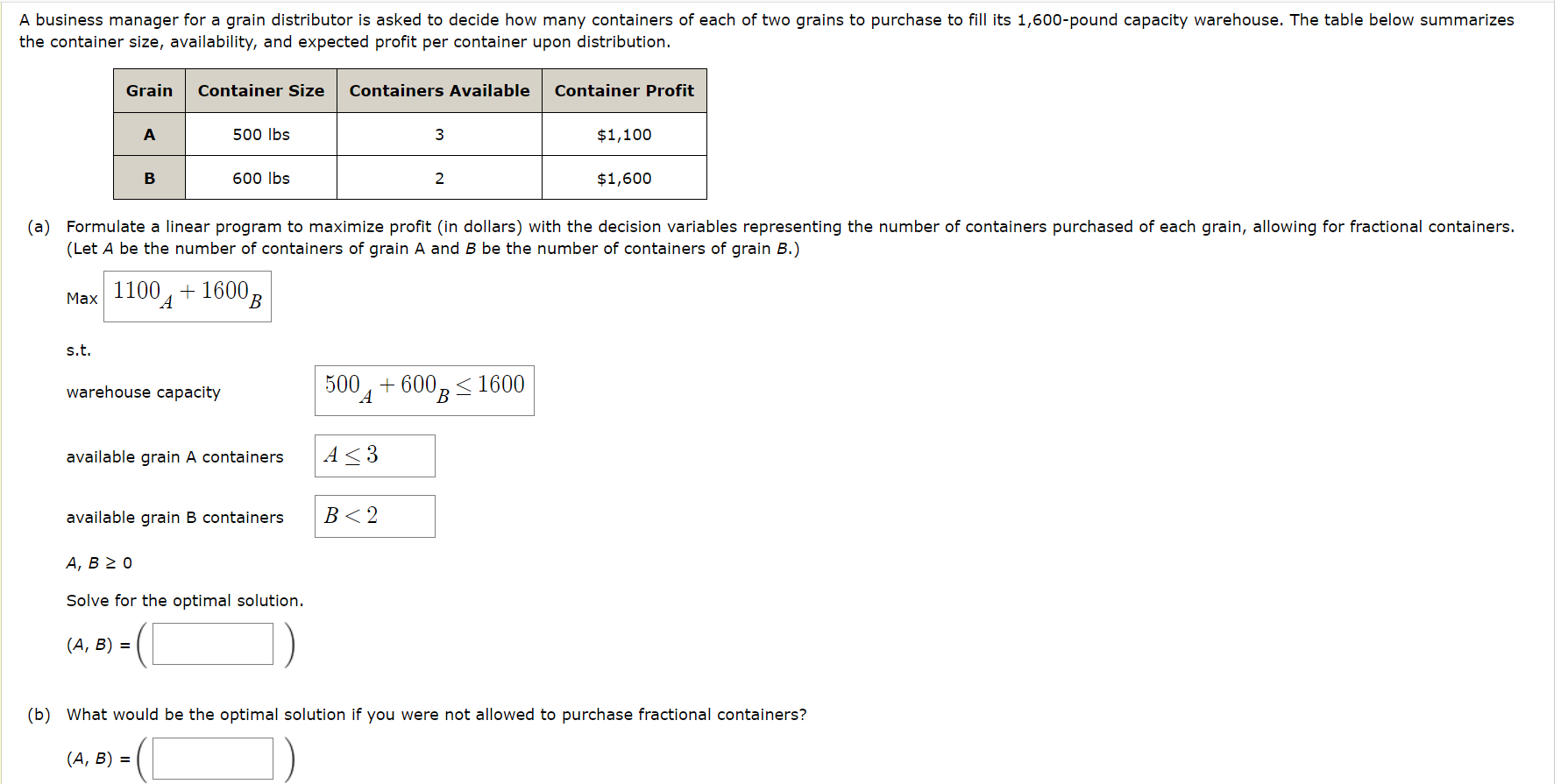 Solved the container size, availability, and expected profit | Chegg.com